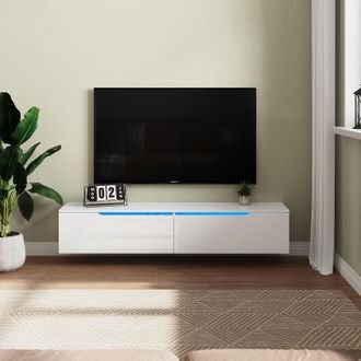Sonni Sonni - Moderner hochgl&auml;nzender h&auml;ngender TV-Schrank Fernsehtisch mit LED-Licht, TV-M&ouml;bel mit 2 T&uuml;ren zur Aufbewahrung von Medien Schwarz, 1400mm