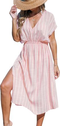 Cupshe Damen Bikini Cover Up Strandkleid V-Ausschnitt Kurzarm Seitenschlitz Elastikbund Sommerkleid Beach Midi Dress Hellrosa XXL