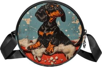 Generic Petit sac &agrave; bandouli&egrave;re circulaire pour femme, motif teckel, petit sac &agrave; bandouli&egrave;re avec fermeture &eacute;clair, bretelles r&eacute;glables, sac &agrave; main rond d&eacute;con