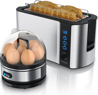 Arendo 2-teiliges Fr&uuml;hst&uuml;cksset, 7er Eierkocher & Langschlitz Toaster f&uuml;r 4 Scheiben, Silber - Arendo
