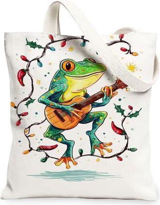 Generic Sacs fourre-tout en toile motif amphibien, sacs d&eacute;picerie r&eacute;utilisables, l&eacute;gers et lavables, blanc, 13x15 Inch