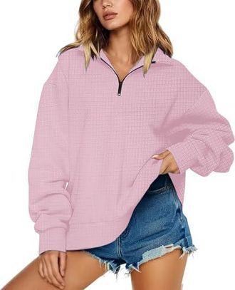 Generic 2026 Sweat-shirt uni confortable pour femme - Couleur unie - Demi-fermeture éclair - Revers à manches longues - Sans capuche - Vêtements de sport pour