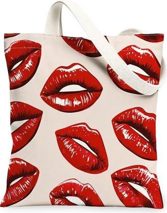 Generic Sac fourre-tout en toile &agrave; motif de l&egrave;vres avec imprim&eacute; baiser &eacute;l&eacute;gant, r&eacute;utilisable, l&eacute;ger et lavable, pour salle de sport, voyage, plage, pique-niqu