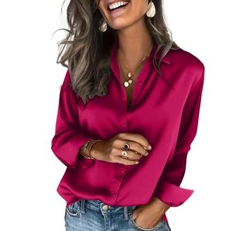 Generic Chemise Boutonnée en Satin à Manches Longues pour Femme - Chemisier en Soie Chic et Elegant - Col en V - Style Décontracté pour Le Travail et Le Burea