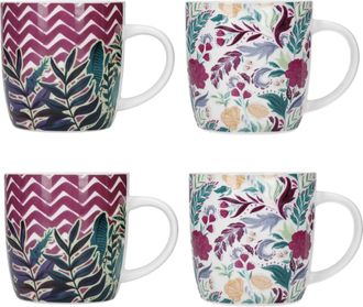 KitchenCraft Exotic Floral Kaffeetassen aus Steingut, 425 ml, 4 St&uuml;ck