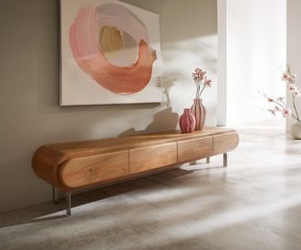 DELIFE Lowboard Sohara 175 cm Akazie Natur 4 Türen L-Fuß silber, Fernsehtische