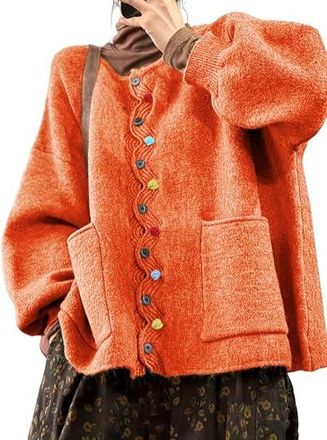 Generic Cardigan d&eacute;contract&eacute; en tricot ample surdimensionn&eacute; pour femme avec boutons color&eacute;s et manches bouffantes, Orange, XXL