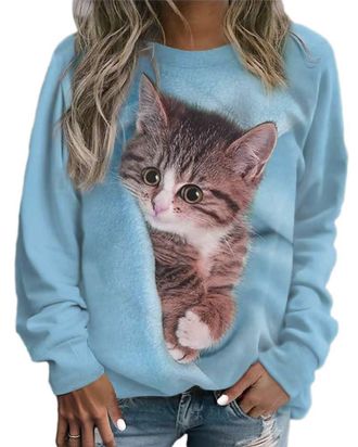 Onsoyours Pullover Damen Sweatshirt Herbst Winter Frauen Drucken Langarm Kapuzenpullover mit Katze Motiv Hemd Locker Casual Oberteil Bedruckte Tops Sweatshirts 