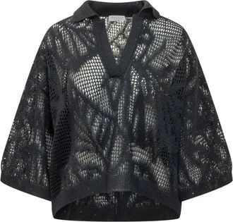 Brunello Cucinelli Femme, Pulls, Bleu, Taille: 40 FR Pull ajour&eacute; &agrave; col en V