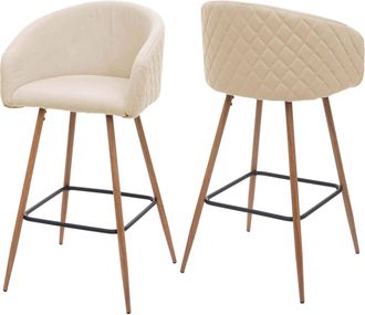 Mendler 2er-Set Barhocker HWC-D72, Barstuhl Tresenhocker K&uuml;chenhocker mit Lehne, Metall Holzoptik - Stoff/Textil, Creme-beige