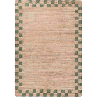 Beliani Tapis Rectangulaire Tiss&eacute; en Jute et Coton 160 x 230 cm avec Bordure &agrave; Carreaux Style Rustique Salon Chambre Beige et Vert Beed