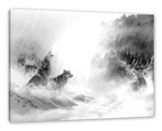 Pixxprint Heulende W&ouml;lfe jagen Hirsch im Nebel, Monochrome, Gr&ouml;&szlig;e: 60x40cm, Leinwandbild, fertig gespannt, Wandbild, Dekoration, Kunstdruck, kein Poster