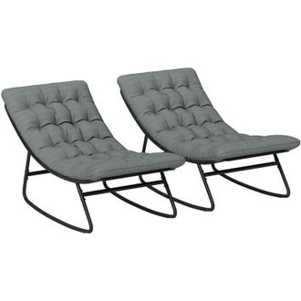 OUTSUNNY Lot de 2 fauteuils &agrave; bascule de jardin avec matelas style Chesterfield acier noir tissu gris