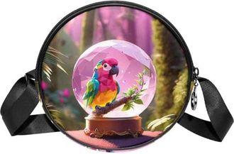 Generic Petit sac &agrave; bandouli&egrave;re rond pour femme, perroquet, boule de cristal, sac &agrave; bandouli&egrave;re avec fermeture &eacute;clair, bretelles r&eacute;glables, sac &agrave; main rond d&eacute;