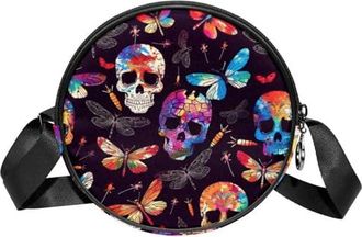 Generic Sac &agrave; bandouli&egrave;re rond pour femme, motif libellules avec fermeture &eacute;clair, bretelles r&eacute;glables, style d&eacute;contract&eacute;, pour femmes et filles