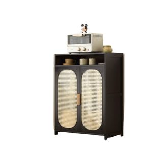 Generic Gro&szlig;z&uuml;giger Aufbewahrungsschrank, Flurschrank aus Holz, Doppelt&uuml;ren in Rattanoptik mit offenen Regalen, geeignet for Wohn- und Esszimmer(Color1,64x32x