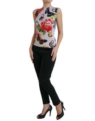 Dolce & Gabbana Womens Multicolor Floral Padlock Butterfly Tank Top Cashmere Silk