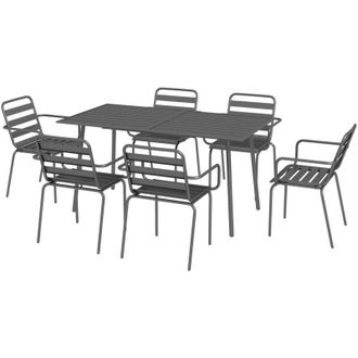 OUTSUNNY Salon de jardin 6 places 7 pi&egrave;ces - table &agrave; manger 6 chaises empilables - acier thermolaqu&eacute; gris