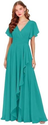 Generic Robe de demoiselle dhonneur en mousseline de soie &agrave; col en V pour femme, robe de soir&eacute;e formelle &agrave; manches flottantes avec fente, turquoise, 54 Grande