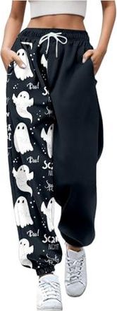 Generic Pantalon de jogging tendance 2026 pour femme, motif citrouille, Halloween, pantalon de jogging avec poches, taille haute, bleu marine, XXL