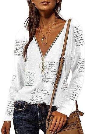 Onsoyours T-Shirt Manche Longue Femmes Sexy Tee Shirt Coton Couleur Unie Col en V D&eacute;contract&eacute;e Zip Tops Blouse Chemisier Hauts Femme Chic Tee Shirt Basique Tuni