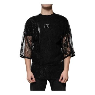 Dolce & Gabbana Schwarzes Spitzen-Crew-Neck-T-Shirt mit Logo - - Tops - Herren - Schwarzk - L