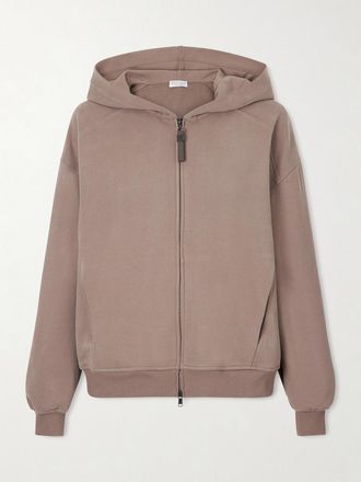 Brunello Cucinelli Sweat &Agrave; Capuche En Jersey De Coton &Agrave; Fermeture Zipp&eacute;e Et &Agrave; Perles - Marron