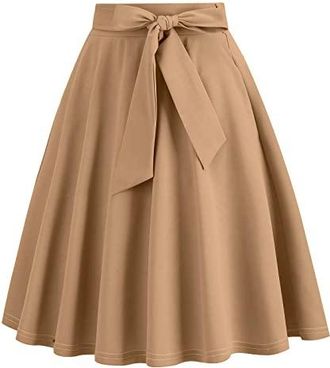 Ibtom Jupe patineuse pliss&eacute;e vintage des ann&eacute;es 1950 - Taille haute - Couleur unie - Jupe trap&egrave;ze extensible - Longueur genou - Avec poches, abricot, M