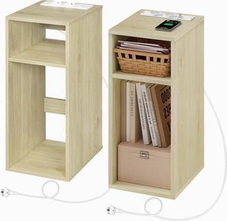 Woltu 2er Set Nachttisch mit Ladefunktion, schmaler Kleiner Beistelltisch mit 2 Steckdosen 2 USB-Anschlüssen 2 offenen Fächer, 25x60x30 cm, für Schlafzimmer