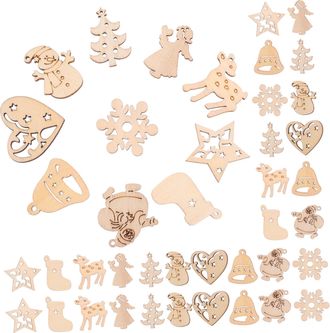 SOLUSTRE 100 Stück Unvollendete Holzanhänger Weihnachten Mix Weihnachtsdeko Holzscheiben Christbaumschmuck DIY Basteln Ornamente Schneemann Engel Rentier Glock