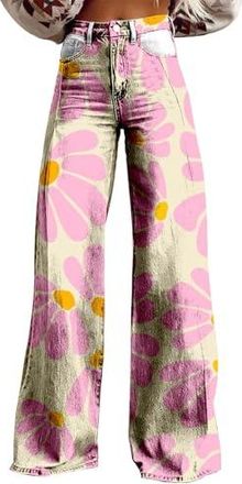 Generico Jeans Femmes Taille Haute DÉté, Pantalon Denim Jambe Droite Grande Taille Jeans Y2k Large Leg Pantalon Imprimé Curvy Pants et Fille Streetwear Pantalo