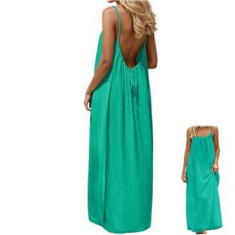 Generic Backless Cami Dresses, Casual Lounge Dress for Women, Solid Color Sleeveless Dress, Spaghetti Strap Flowy Long Beach Sundress (Dark Green,Grand)
