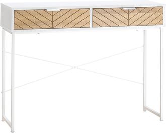 HOMCOM Industrieller Konsolentisch mit 2 Schubladen in Eichenholzoptik mit geschnitztem Fischgr&auml;tenmuster Metallgestell Wei&szlig;