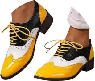 Generic Chaussures Oxford unisexes en cuir pour femme - Deux tons perforés - Antidérapantes - Antidérapantes - Talon bloc - Multicolore - Rétro - Bout rond - 