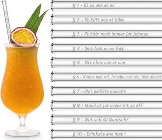 Halm HALM Köln Karneval Glasstrohalme Lustige Fasching Sprüche | 6x 23 cm lang Strohhalme Köln Karneval Geschenkset mit gravierten Sprüchen | Cocktail Set 