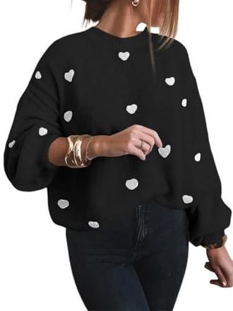 ORANDESIGNE Pull Femme Chic et Elegant Ample Pullover Col Rond Manche Longue Pull Oversize Hiver Pulls Fin Tricoté Motif Coeurs B Noir XXL