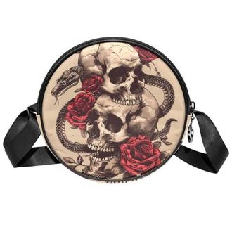 Generic Petit sac &agrave; bandouli&egrave;re circulaire pour femme, motif cr&acirc;nes, serpents, roses, petit sac &agrave; bandouli&egrave;re avec fermeture &eacute;clair, bretelles r&eacute;glables, sac 