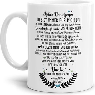 Tassendruck Tasse mit Spruch für Bonuspapa - Danke Bonuspapa - Geschenk für den besten Bonuspapa - Keramik Weiß, 300 ml