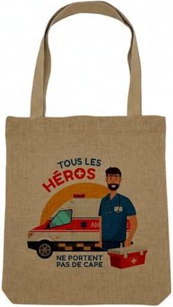 Fabulous Sac Shopping Tote Bag Aspect Lin - Les Vrais H&eacute;ros - Ambulancier M&eacute;tier Sac de Courses Toile Epaisse 360g Beige Naturel Cabas Port&eacute; Epaule Solide Impr