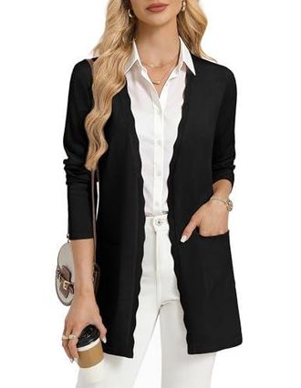 Grace Karin Cardigan &agrave; manches longues et col en V pour femme, col ondul&eacute;, bol&eacute;ro long avec poches, cardigan dinvit&eacute; de mariage, Noir, M