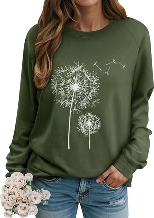 Dresswel Damen L&ouml;wenzahn Sweatshirt Langarmshirt Pusteblume Drucken Pullover Herbst Winter Bluse Tops Oberteile(Dunkelgr&uuml;n, 2XL)
