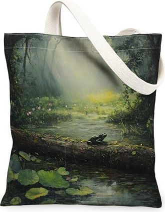 Generic Sac fourre-tout en toile r&eacute;utilisable pour le shopping, 33 x 38 cm, motif fleurs de lotus printani&egrave;res, jungle, feuilles de lotus, sac d&eacute;picerie pour 