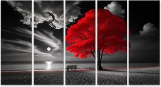 Islandburner Bild auf Leinwand Roter Baum an einem mondhellen Strand in Schwarz-Weiß Bilder Wandbilder Poster