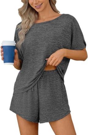 Cupshe Pyjama pour femme - Col rond - Coton doux - Haut à manches courtes et short - Vêtement de nuit décontracté, gris foncé, XL