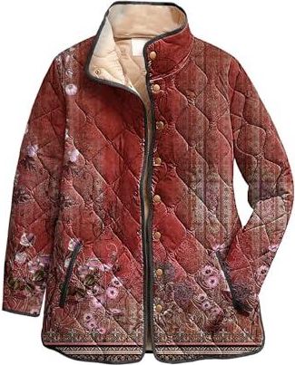 Generic Veste matelassée à imprimé floral pour femme, manteau bouffant à motif graphique rétro, boutonné, veste matelassée légère à manches longues et col mon