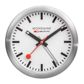 Mondaine Wecker A997.MCAL.16SBB Tischuhr 125mm - Bahnhofsuhr aus Aluminium mit rotem Sekundenzeiger staubbest&auml;ndig - Hergestellt in der Schweiz