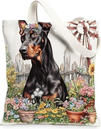 Generic Spring Doberman Sac fourre-tout en toile r&eacute;utilisable pour faire du shopping 33 x 38,1 cm, motif chiot de campagne de ferme, sac d&eacute;picerie pour femme,
