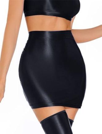 Feoya Femmes Mini Jupe Courte Bodycon Skirt Sexy Nylon Spandex Jupe Courte Soirée Cocktail Jupe Danse Bal Clubwear Elasticité Jupe Brillants Mini Jupe Noir 