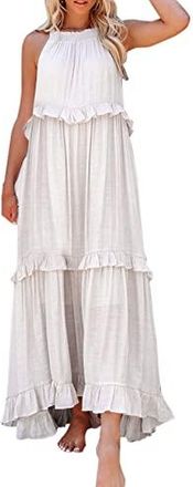 Generic Robe d&eacute;t&eacute; 2026 boh&egrave;me pour femme, robe longue d&eacute;t&eacute; sans manches, &agrave; volants, d&eacute;contract&eacute;e, ample, &agrave; volants, blanc, S