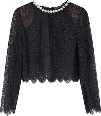 Self Portrait Femme, Blouses et Chemises, Noir, Taille: 38 FR Chemisier Orn&eacute; &agrave; Encolure Ras du Cou